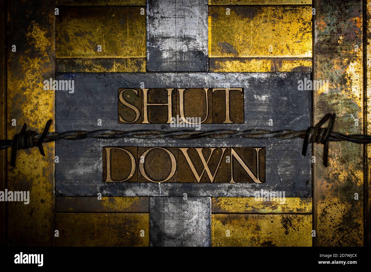 Shut Down text message on vintage textured grunge copper and gold ...