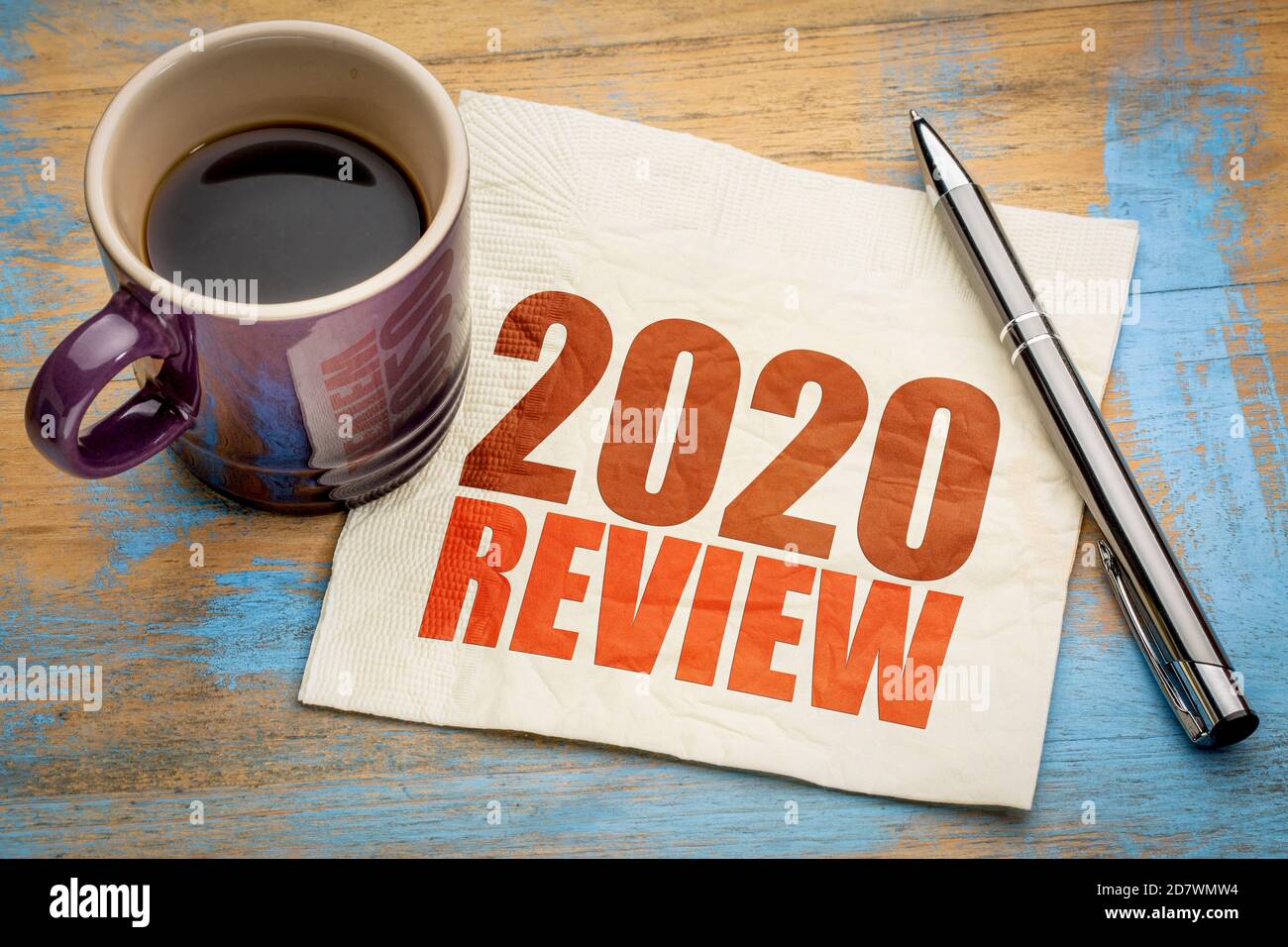 2020 year review text on a napkin with a cup of coffee, end of year ...
