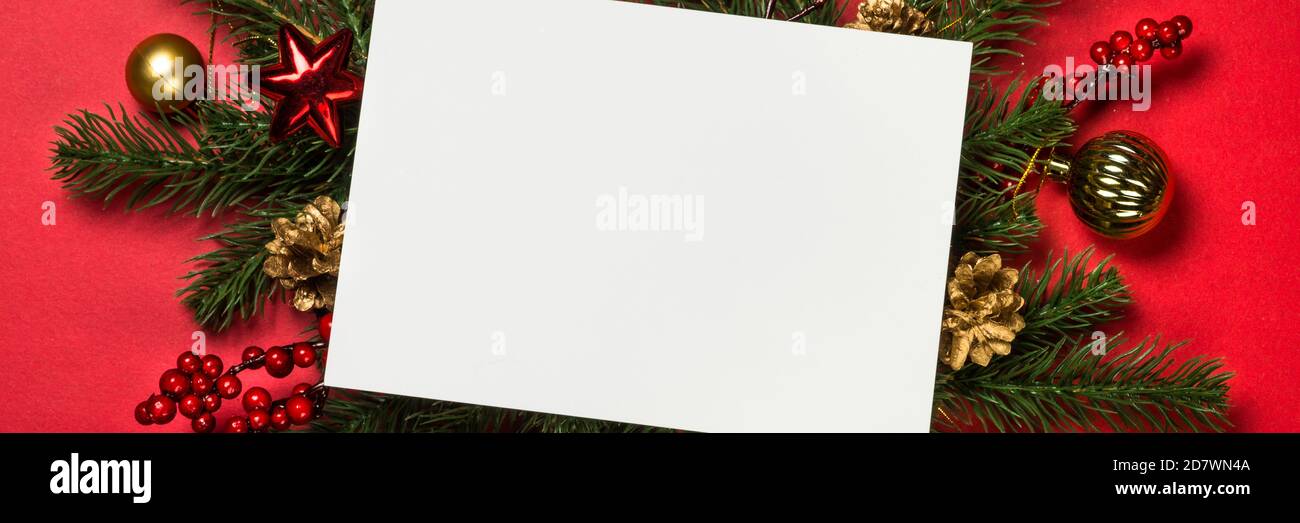 Christmas flat lay background with fir tree and decorations Stock Photo ...