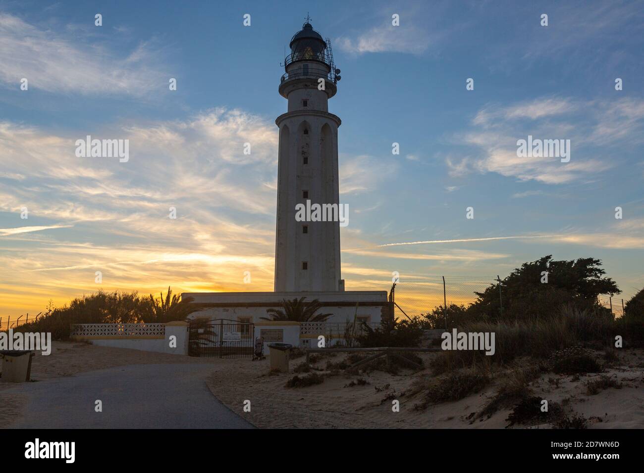 Trafalgar lighthouse at dusk, Cape Trafalgar, Cadiz province, Andalusia ...