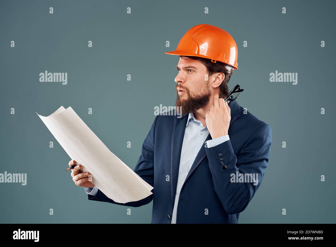 Business man blueprints engineer work professional instruction manual ...