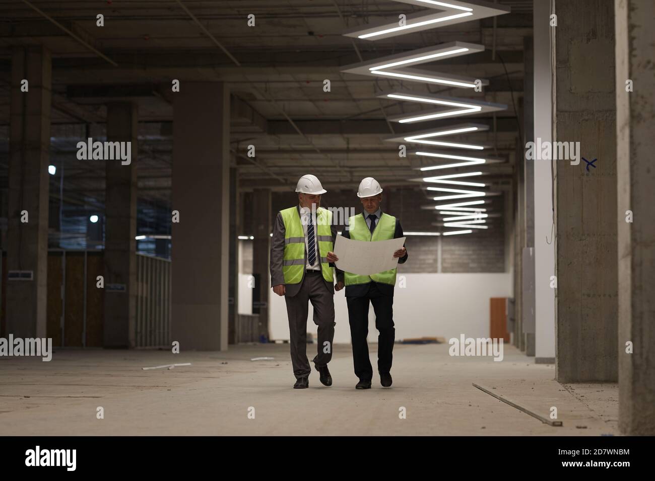 Full length portrait of two business people wearing hardhats and ...