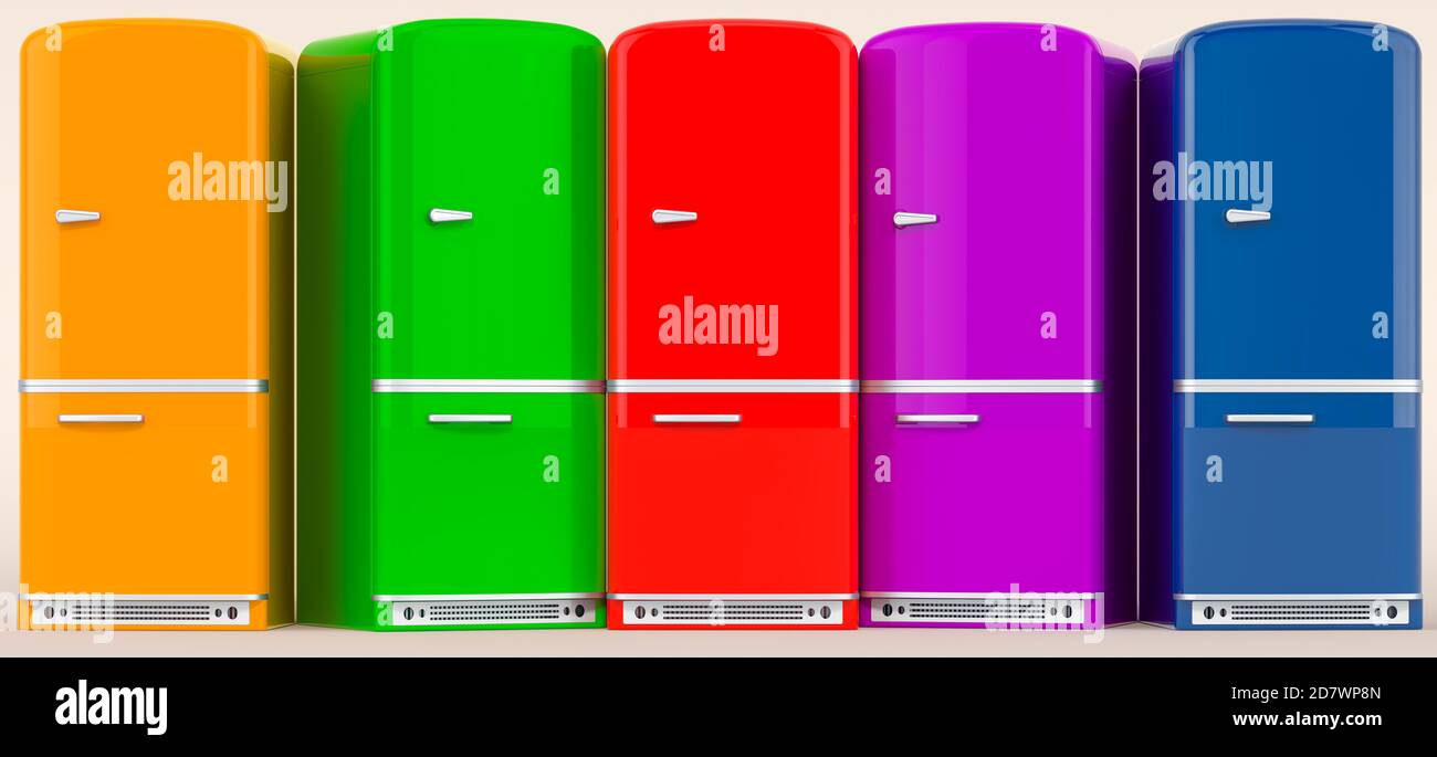 Colored fridges, retro design. 3D rendering isolated on white ...