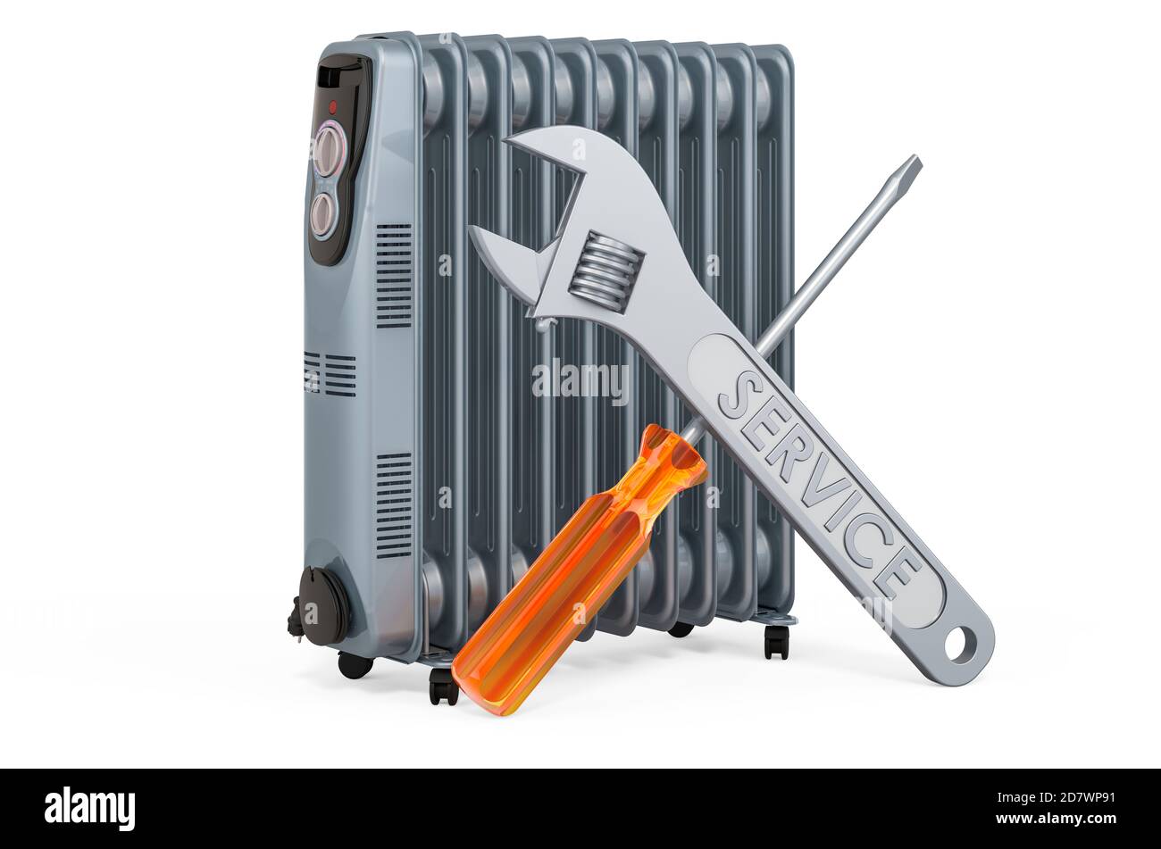 Repair and service of electric oil heater, 3D rendering isolated on ...