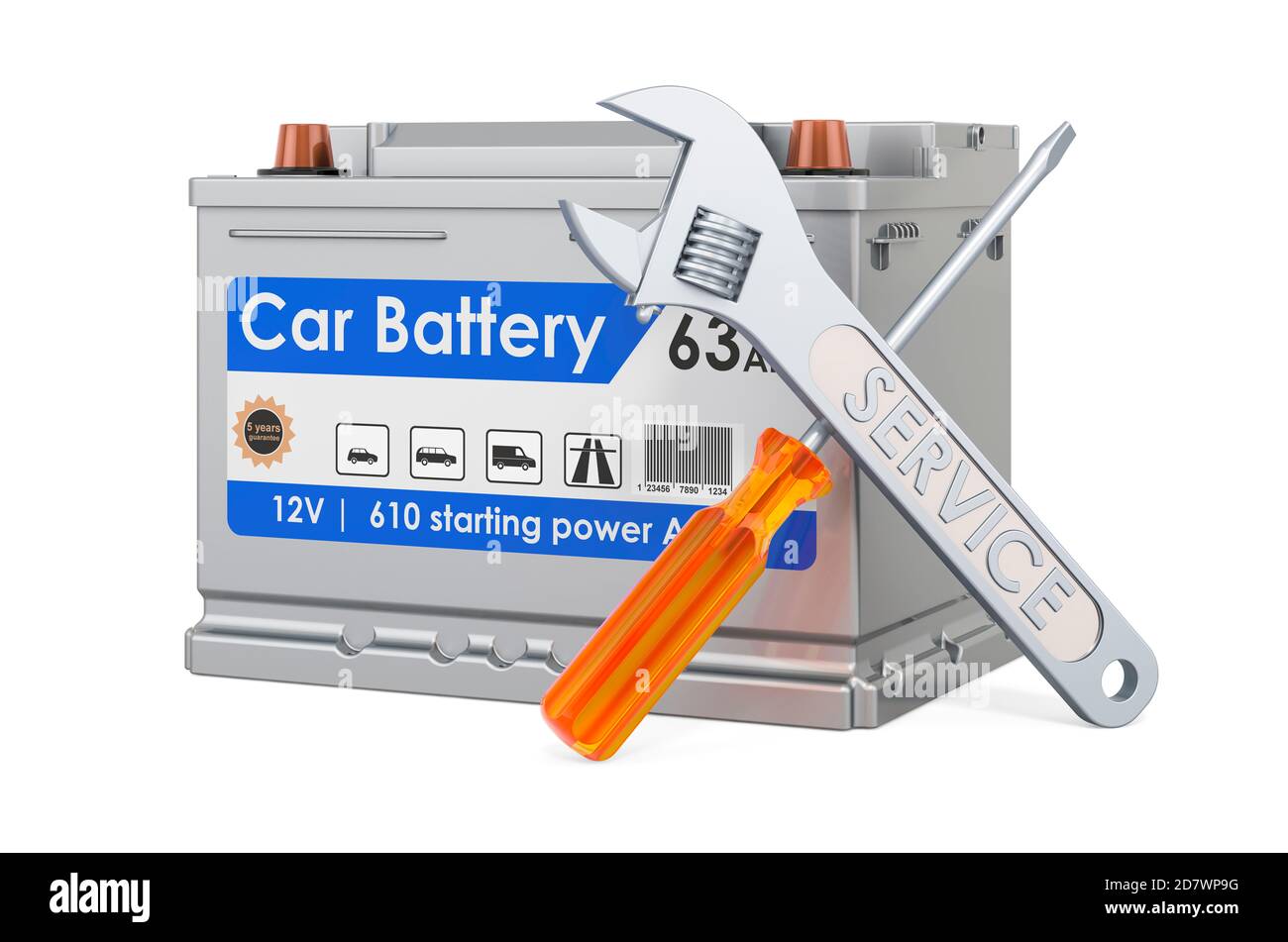 Repair and service of car battery, 3D rendering isolated on white ...