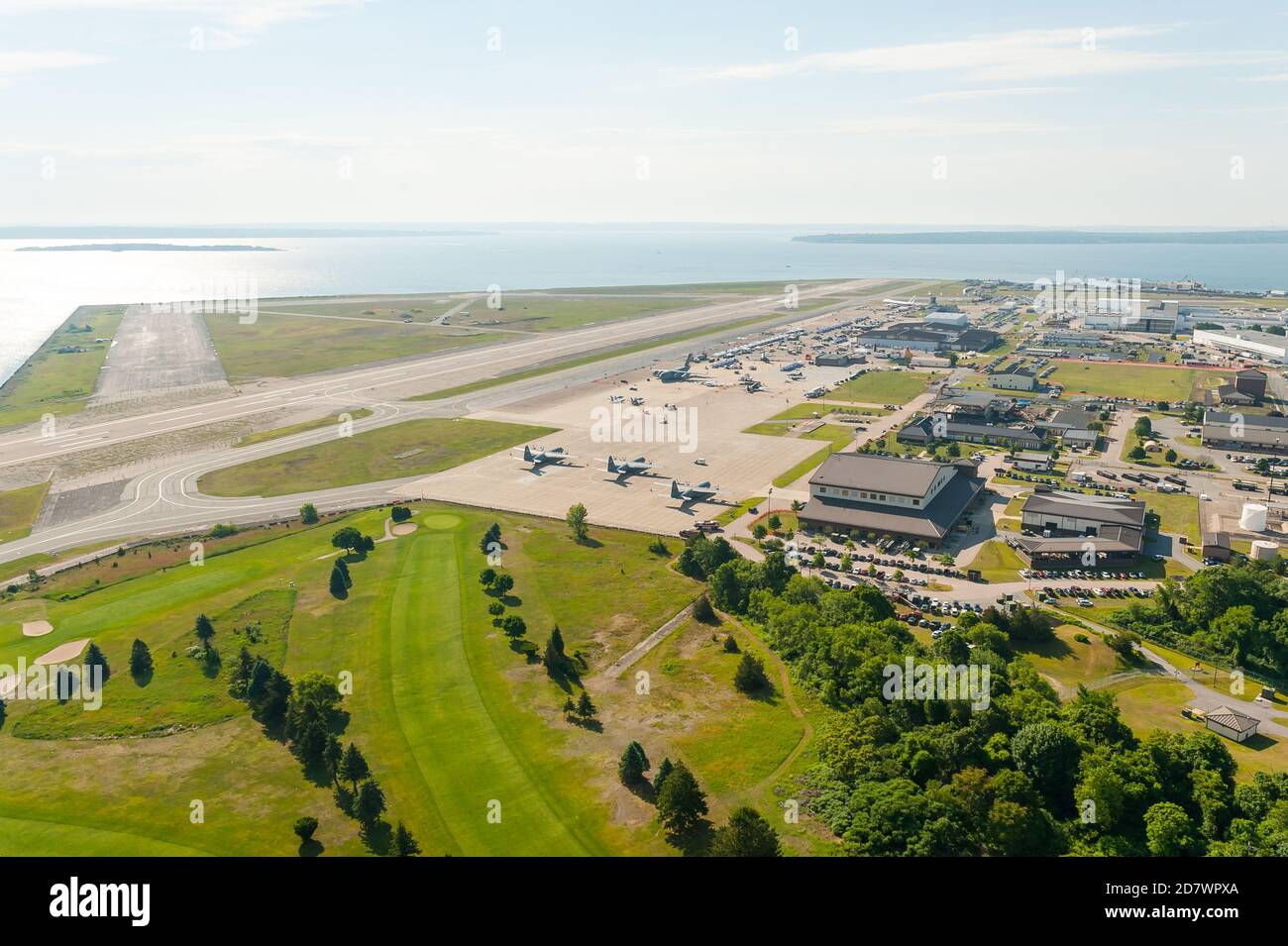 Aerial view, looking down at the Rhode Island landscape while flying ...