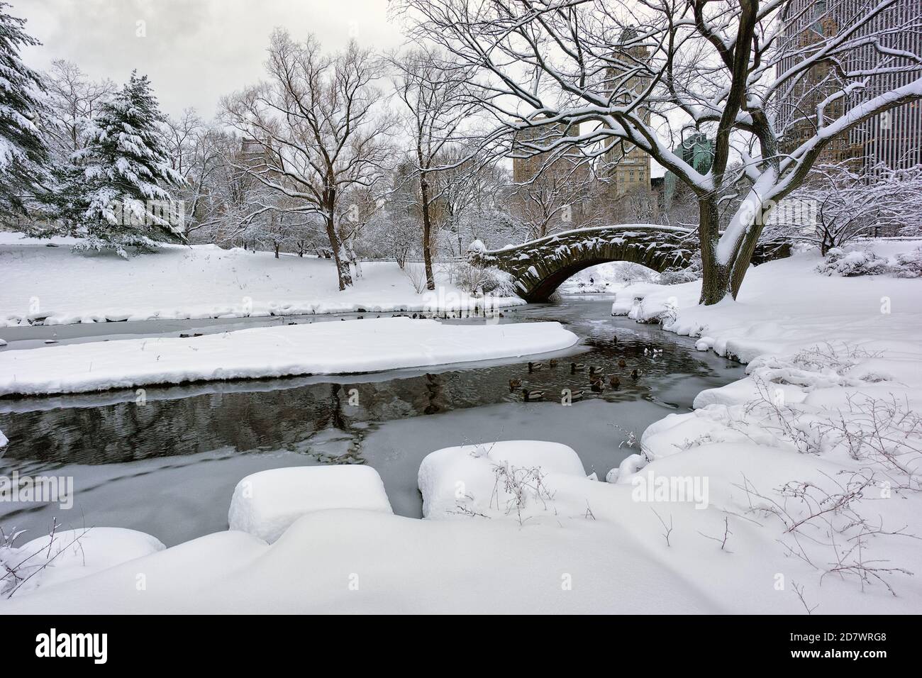 Gapstow Bridge in Central Park in winter after snow storm Stock Photo ...