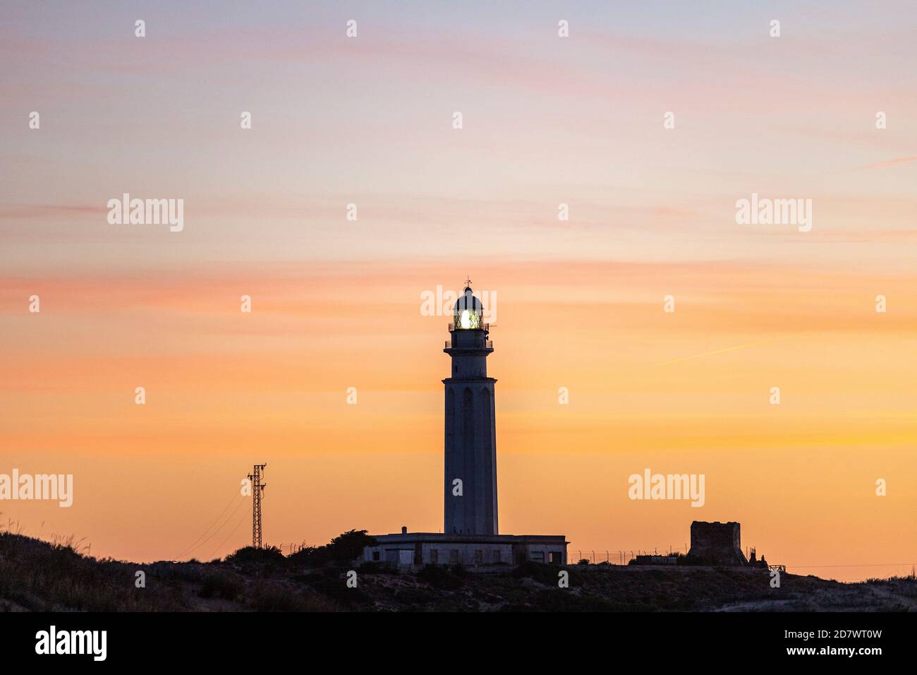Trafalgar lighthouse at dusk, Cape Trafalgar, Cadiz province, Andalusia ...