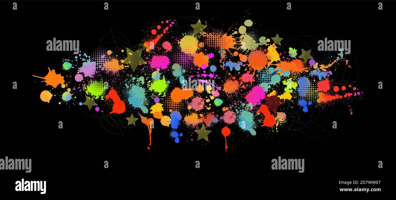 Set Multi-colored spots of paint on a black background. Mixed media ...