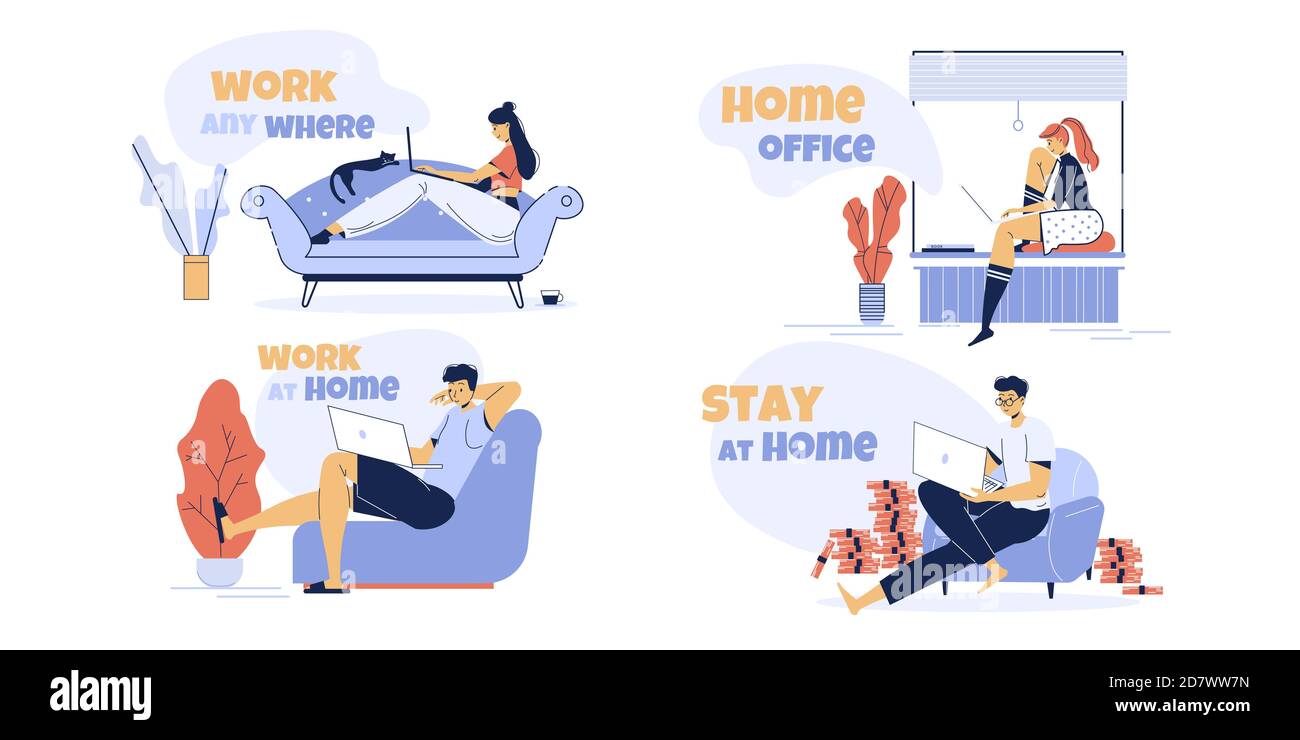 Remote work, distant study at home anytime set Stock Vector Image & Art ...