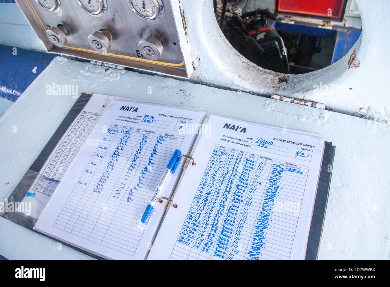The nitrox log book of the live-aboard vessel NaiÕa in Fiji. Each diver ...