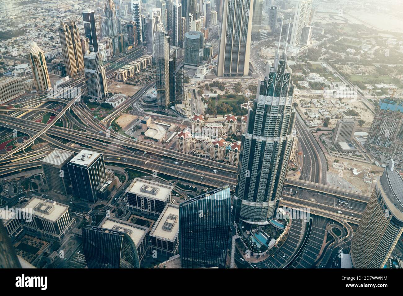 Dubai Skyscrapers and high rise city buildings aerial view in morning ...