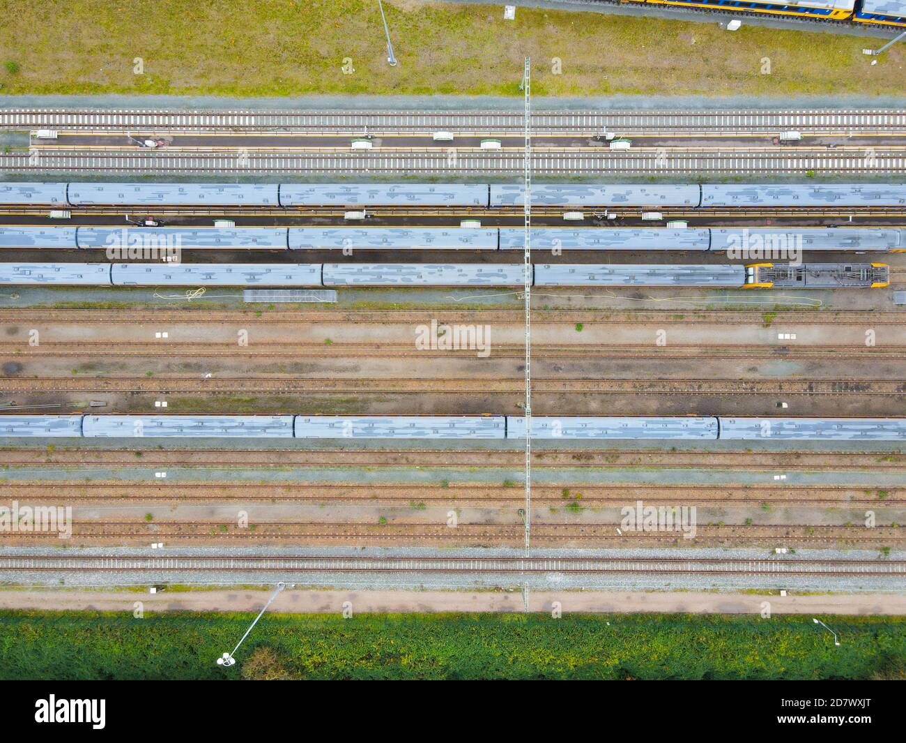 Aerial top down view of rail roads train view drone infrastructure ...