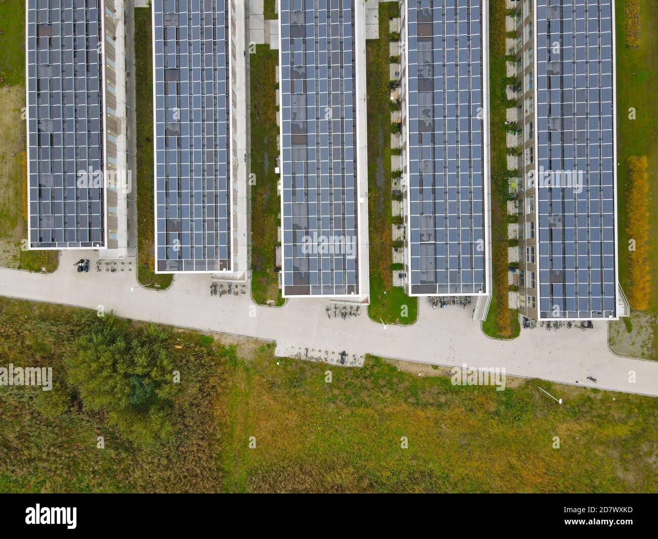 Top down view aerial of solar panels on urban houses home house hould ...