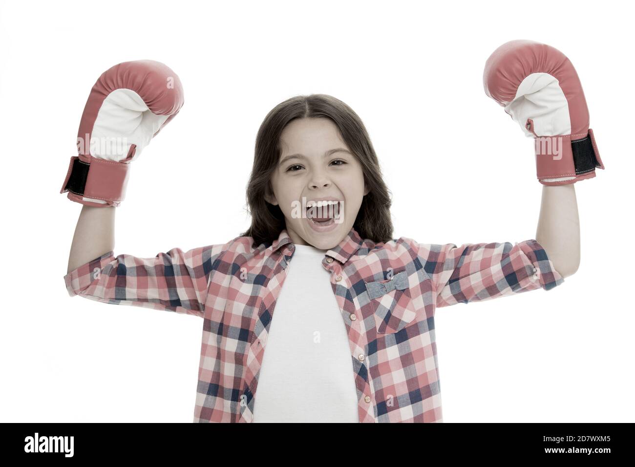 Winner boxing competition. Girl boxing gloves feels powerful. Happy ...