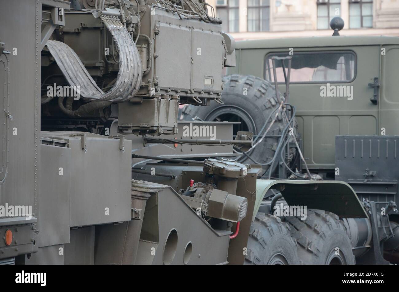 Close up view of green military truck. Modern military transportation ...