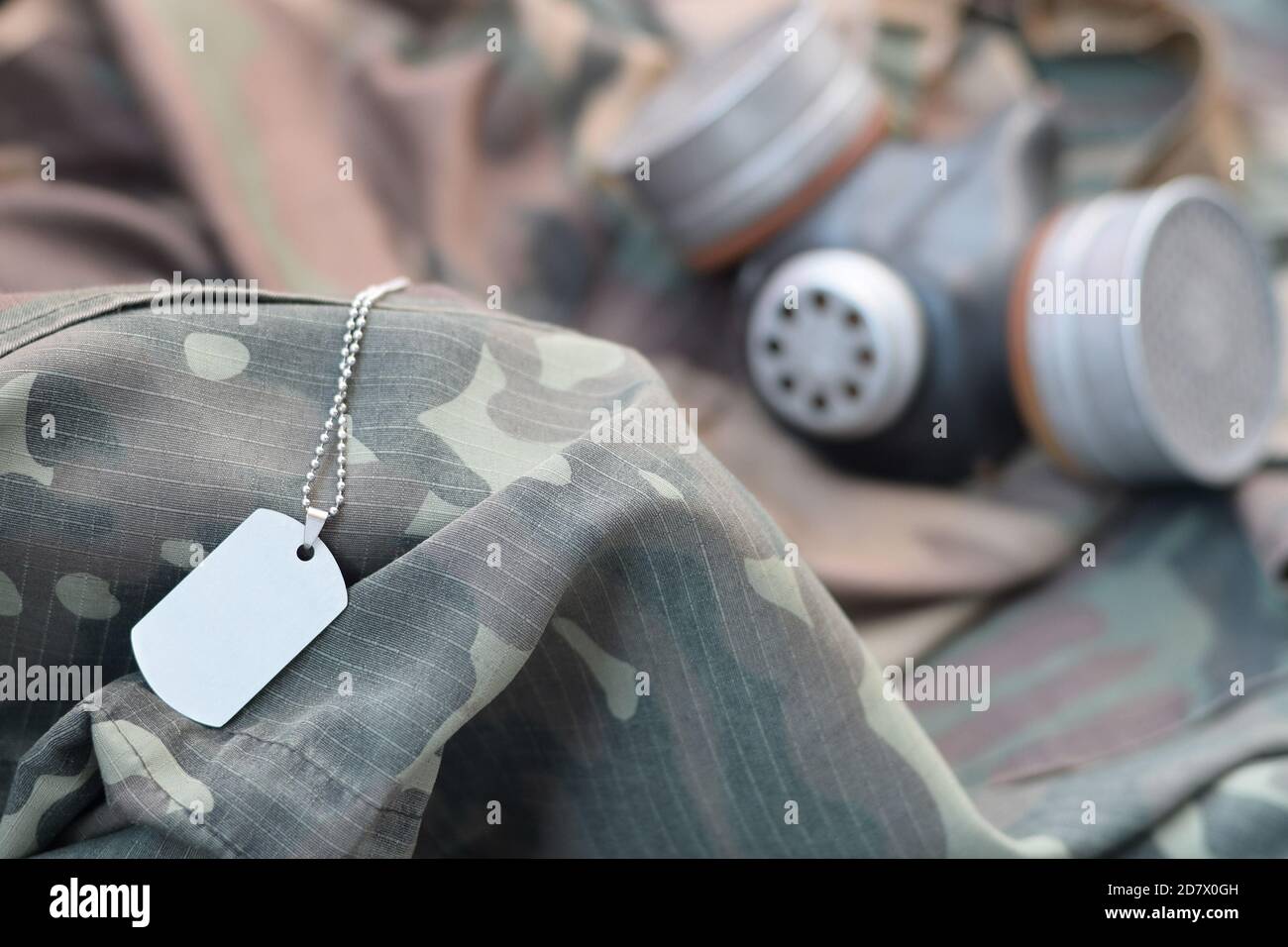 Dog tag with stalker soldiers soviet gas mask lies on green khaki ...