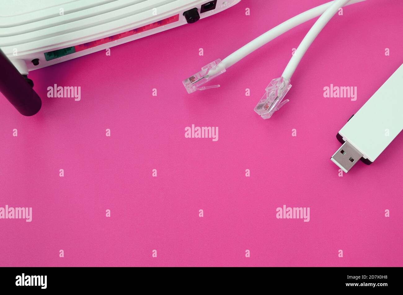 Internet router, portable USB wi-fi adapter and internet cable plugs ...