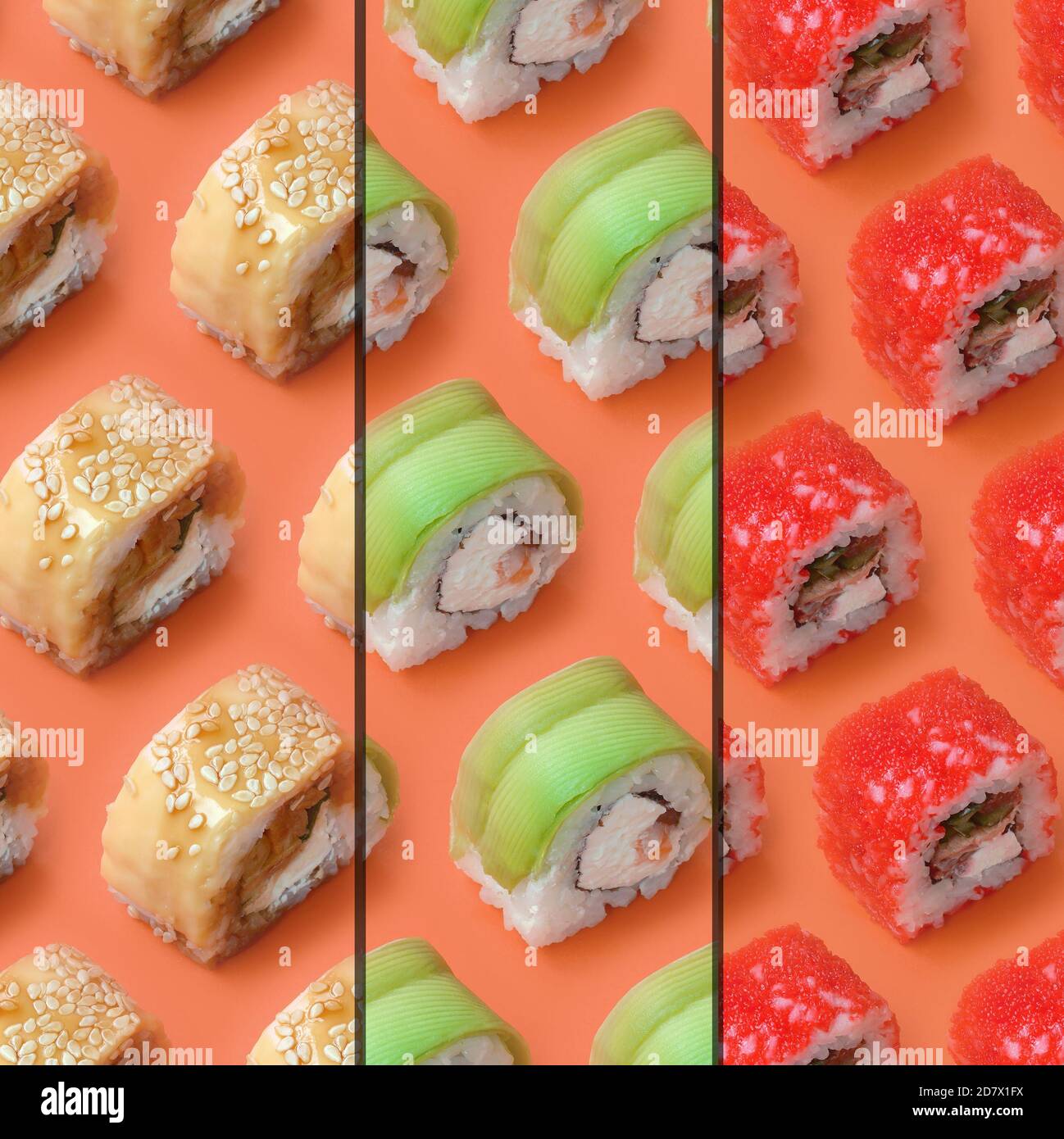 Collage with Different types of asian sushi rolls on orange background ...