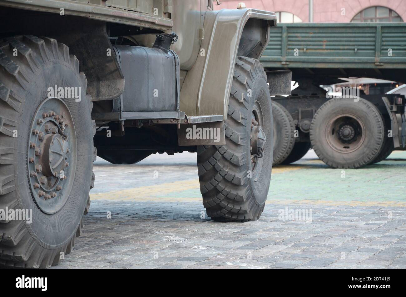 Close up view of green military truck. Modern military transportation ...