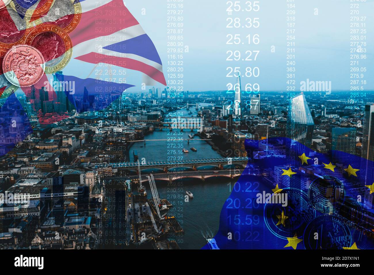 Great Britain flag, stock market graphic background on financial market ...
