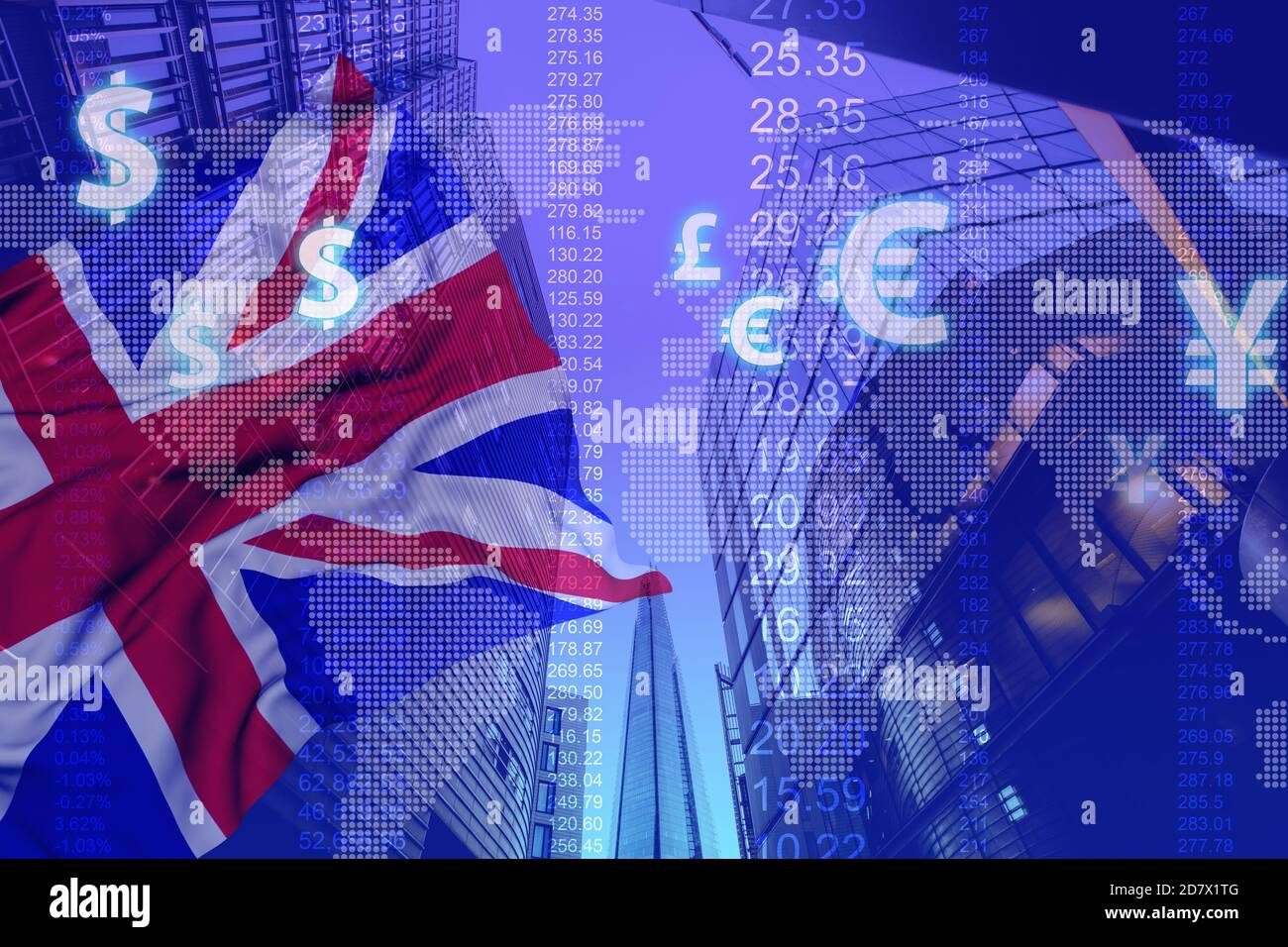 Great Britain flag, stock market graphic background on financial market ...