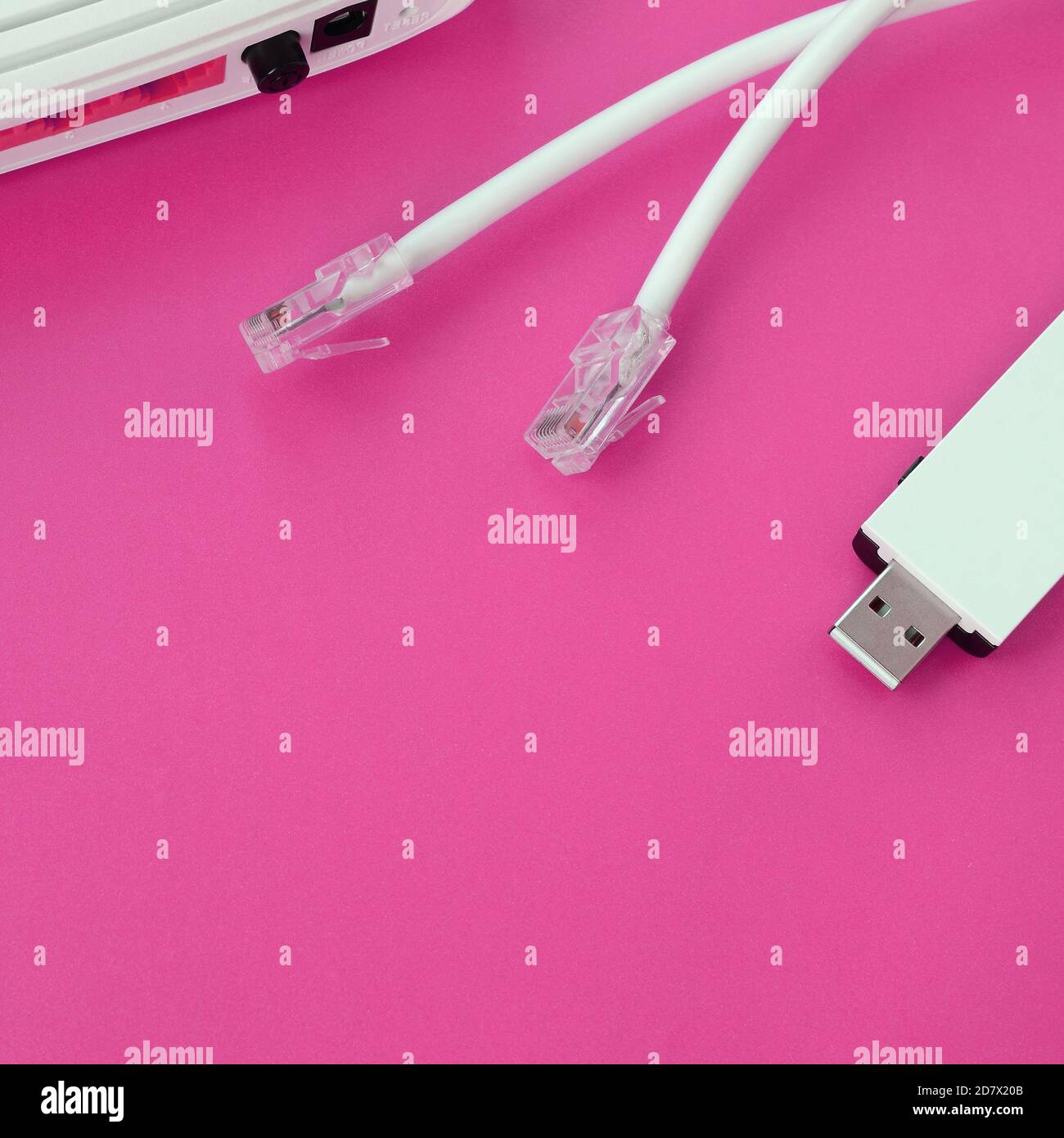 Internet router, portable USB wi-fi adapter and internet cable plugs ...