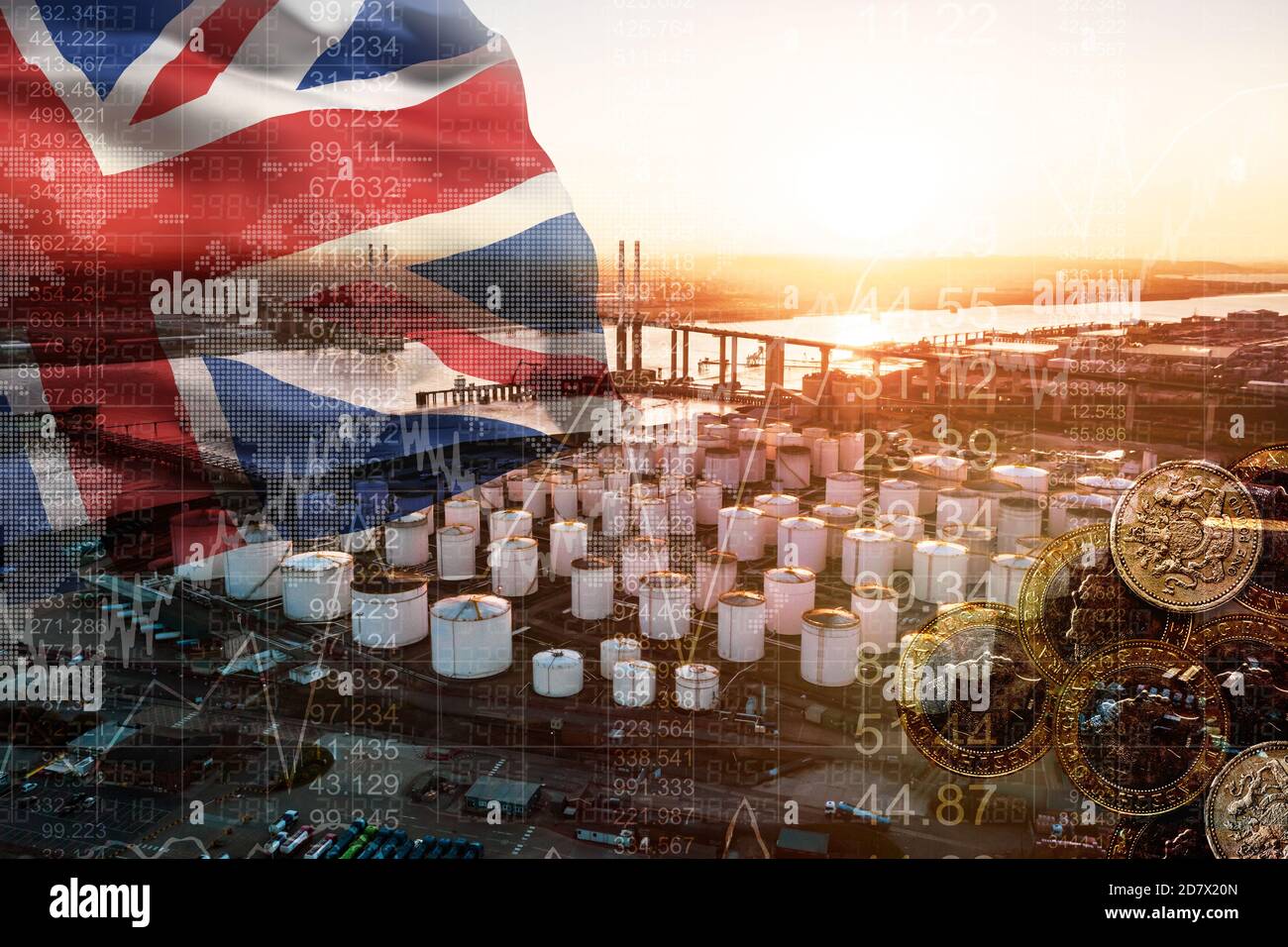 United kingdom economy, oil refinery with financial market trade chart ...