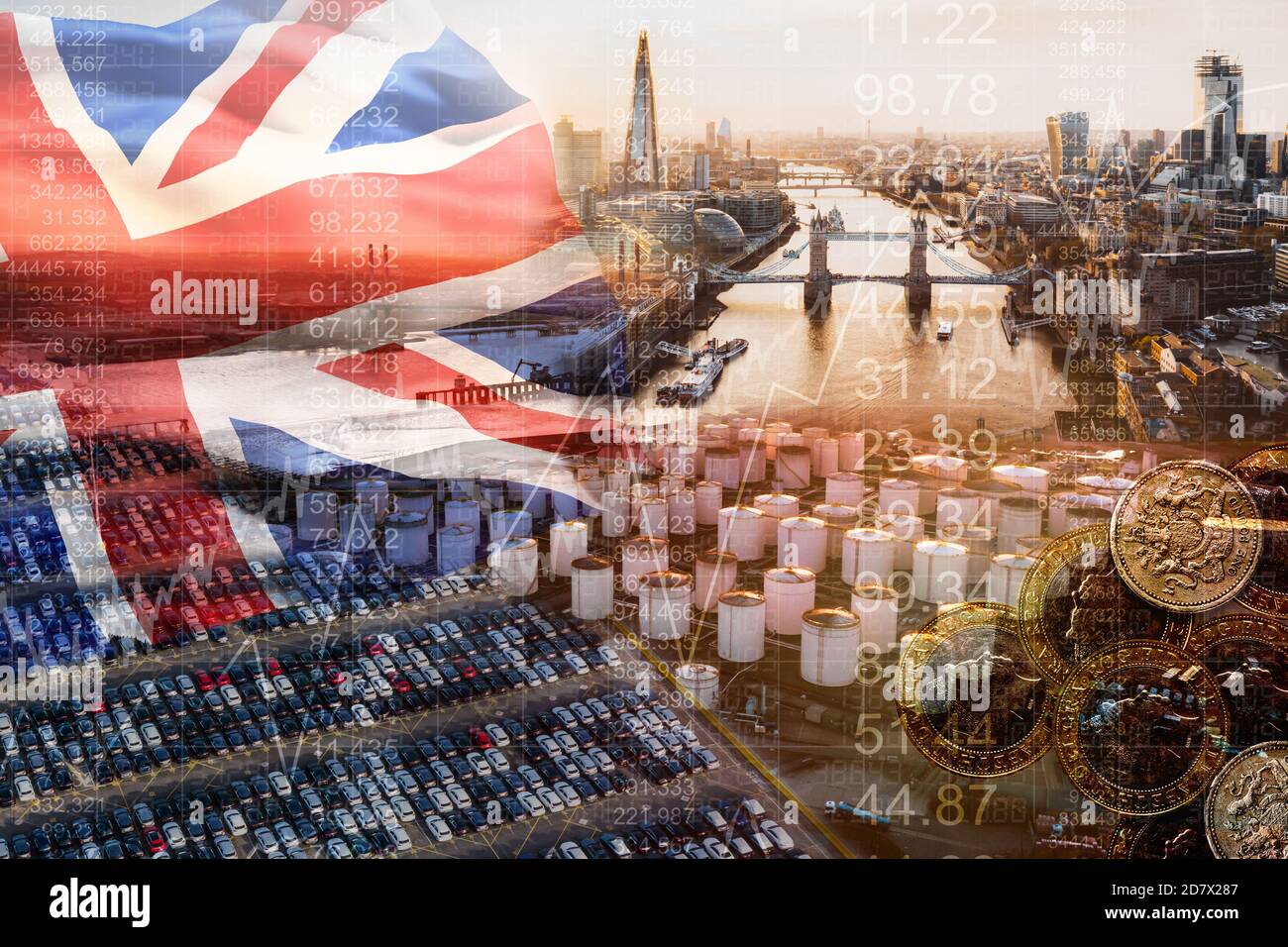 United kingdom economy, oil refinery with financial market trade chart ...
