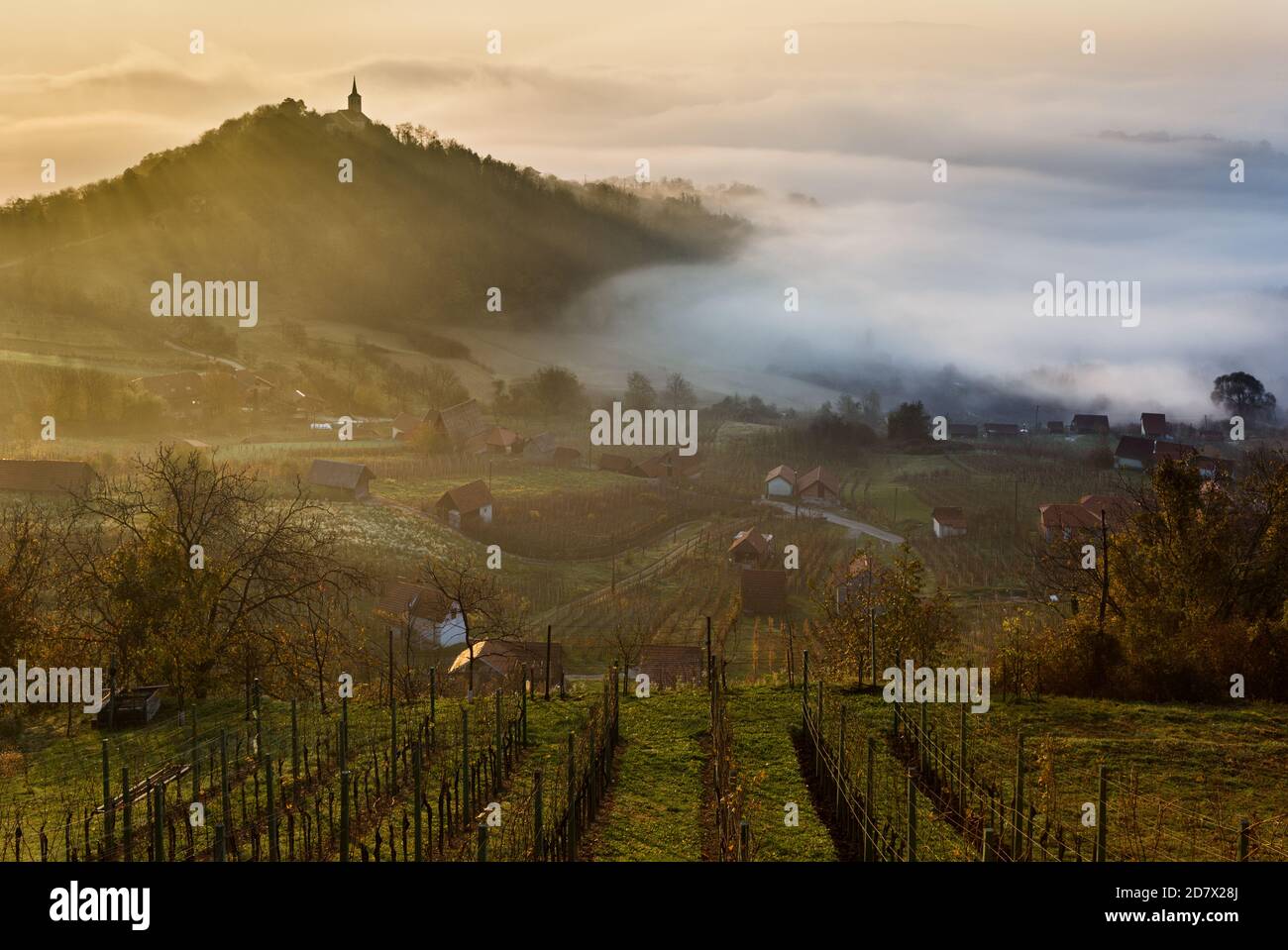Dawn on Kunagora hill above town Pregrada in Zagorje region, Croatia ...