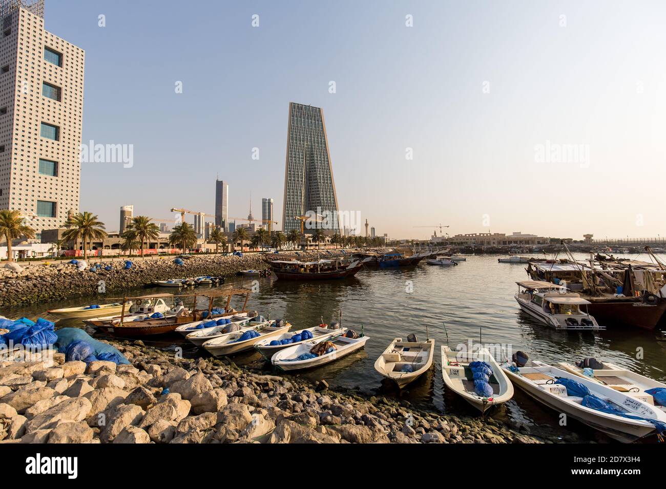 KUWAIT, - August 05, 2017: Kuwait Souq Sharq fish harbor, cityscape ...