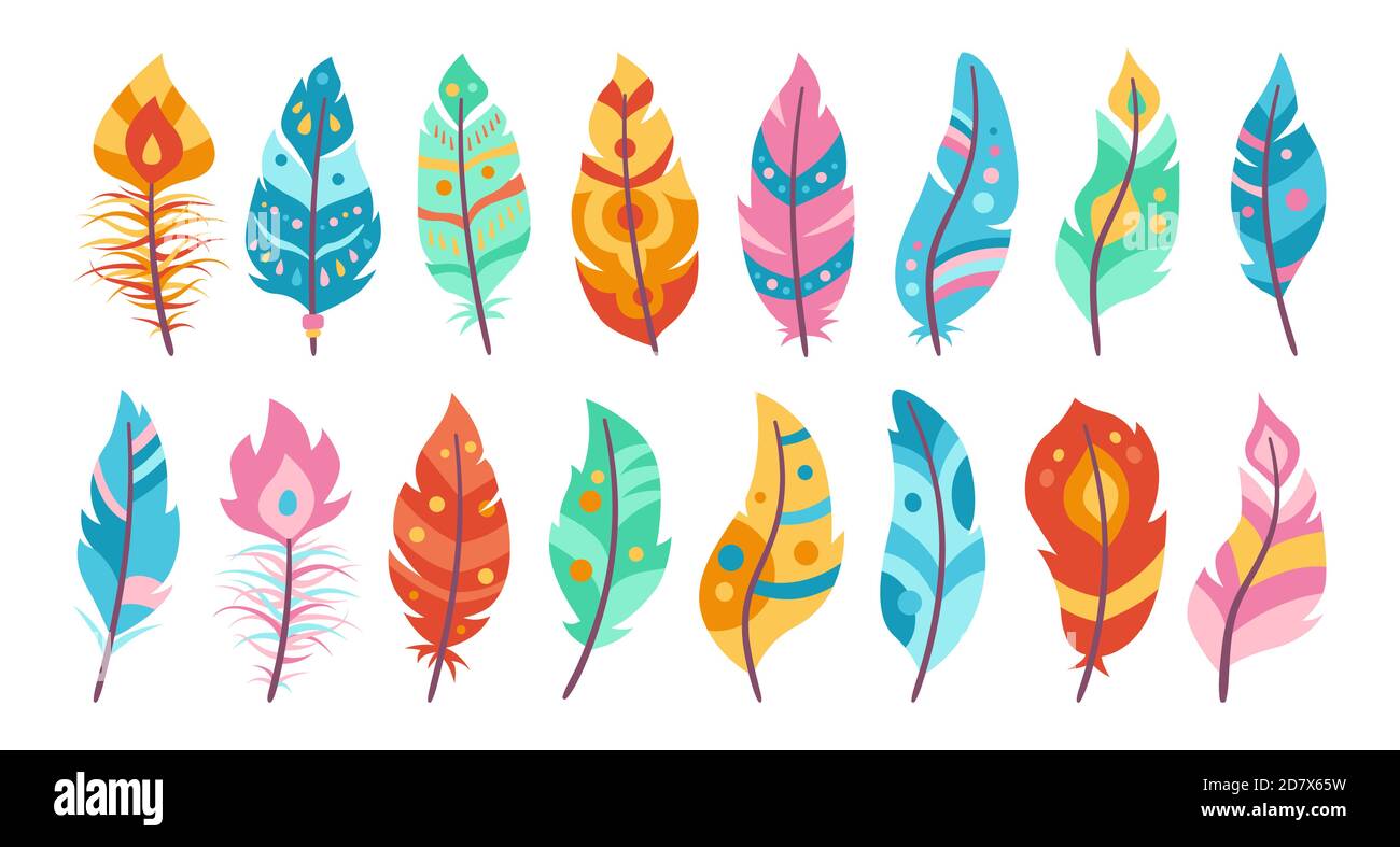 Boho feather cartoon set. Colorful bird feathers pattern, hand drawn ...