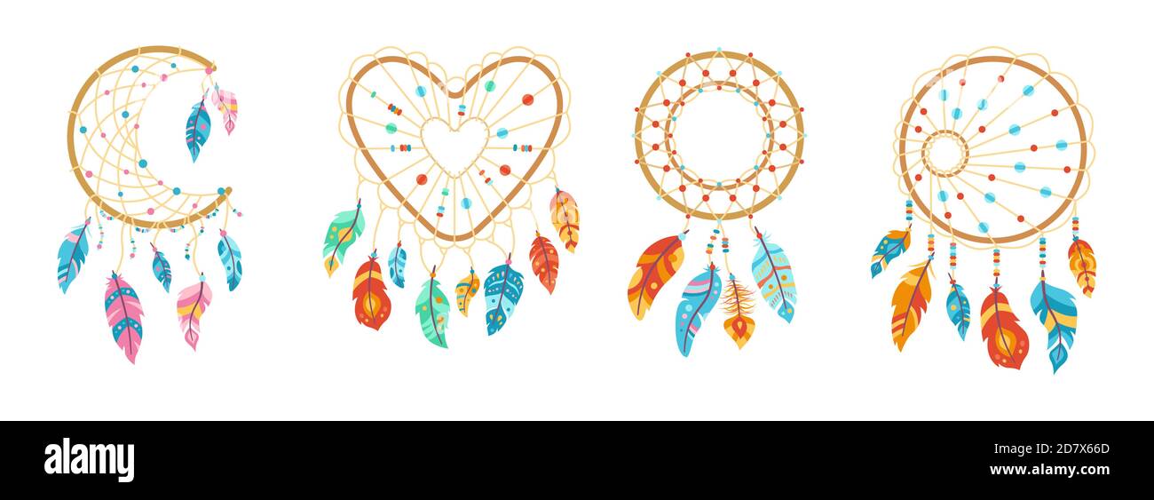 Boho dreamcatcher with feathers cartoon set. Colorful bird feathers, talisman sweet dream hand ...