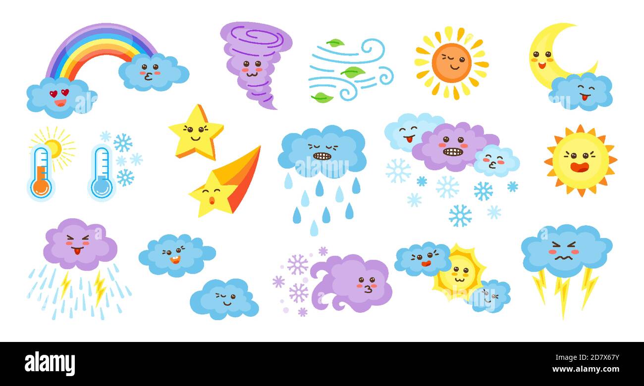 Weather cartoon characters set. Cute kawaii style emoticons sun and ...