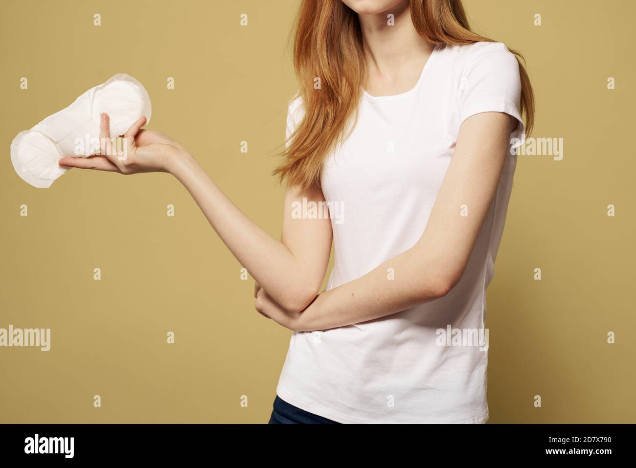 girl in jeans with a pad in hand hygiene clean appearance Stock Photo ...