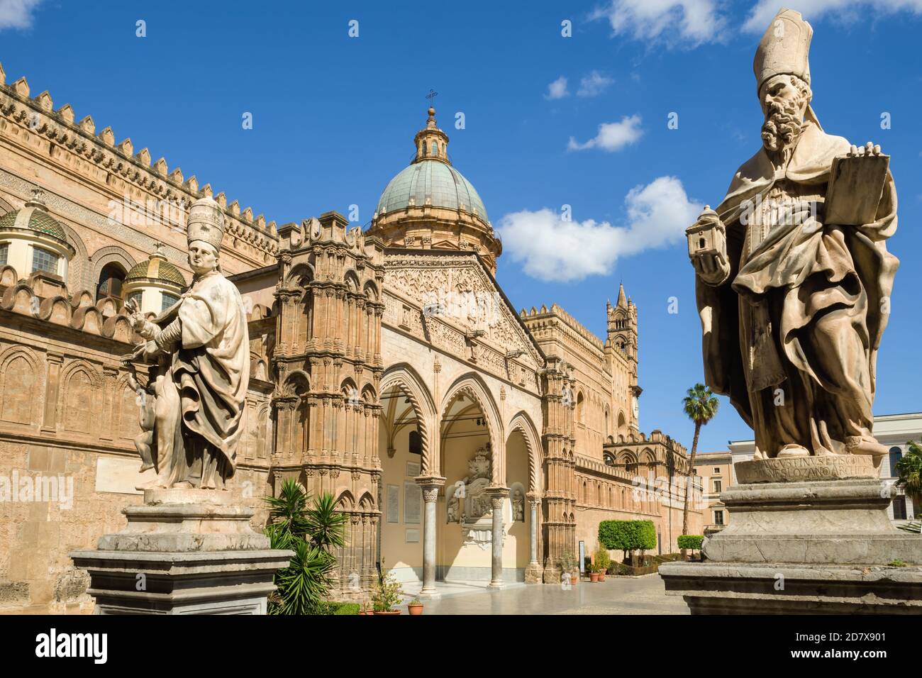 Sculpture in front of Palermo Cathedral Duomo di Palermo church, Sicily ...