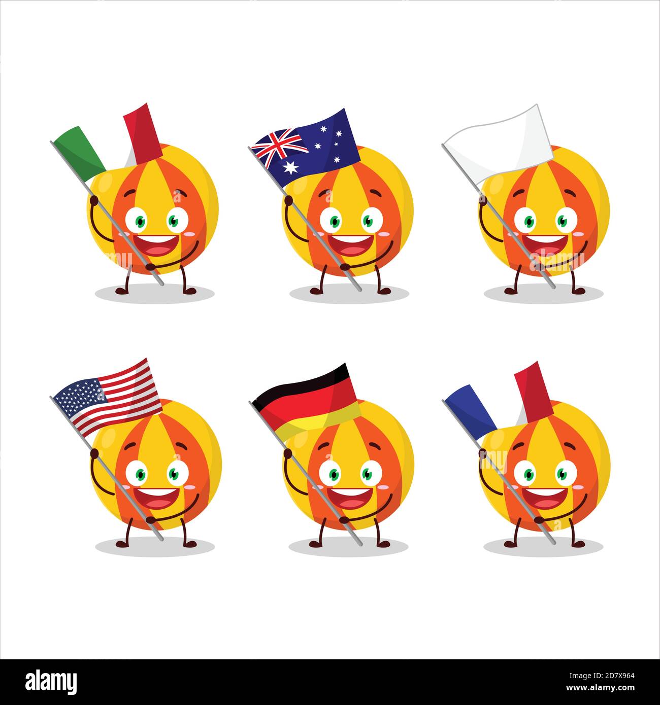 Yellow beach ball cartoon character bring the flags of various ...