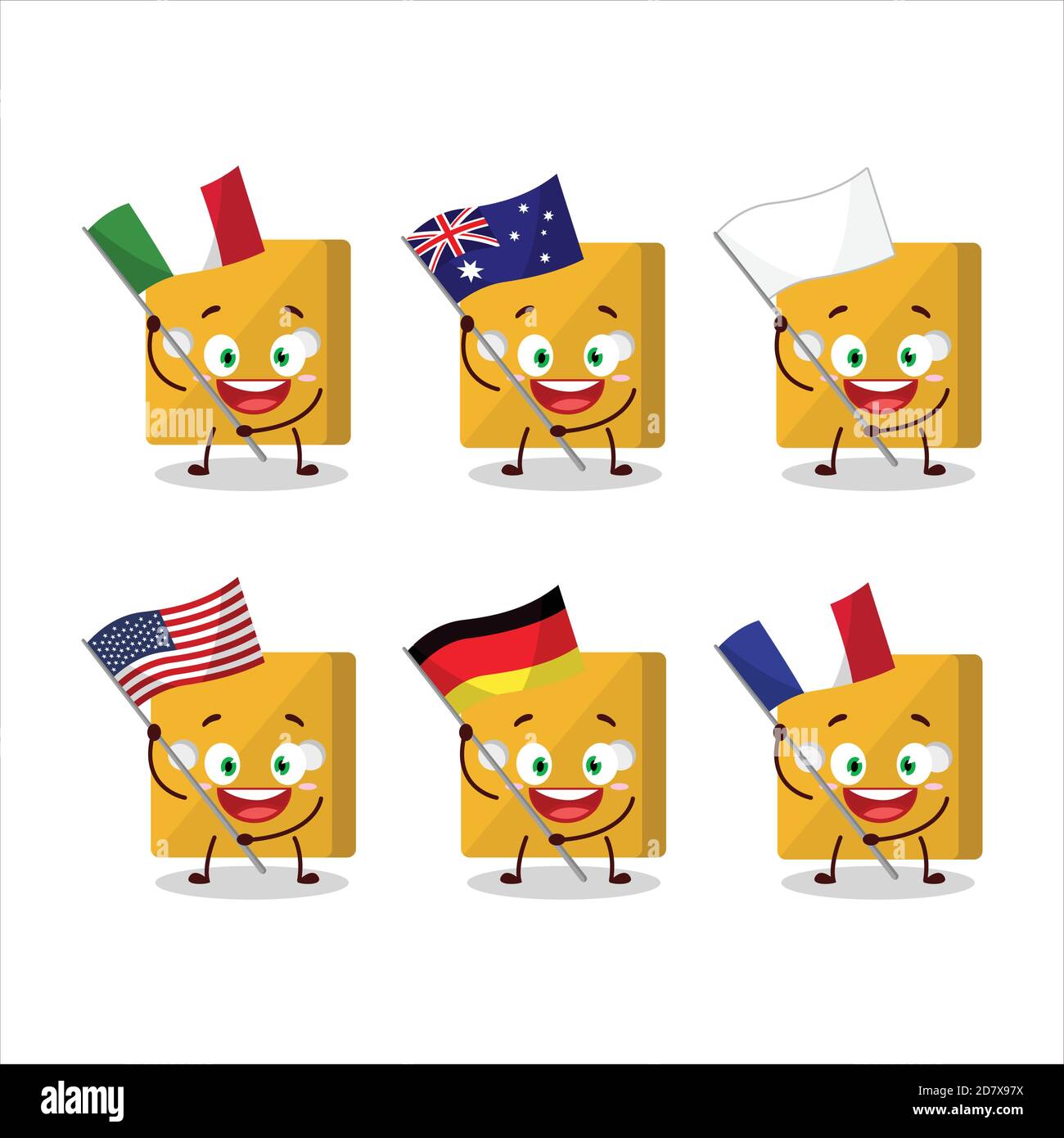 Yellow dice cartoon character bring the flags of various countries ...