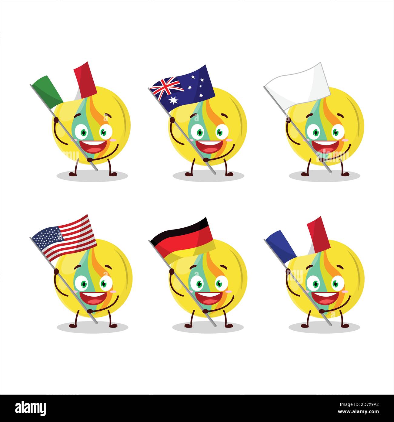 Yellow marbles cartoon character bring the flags of various countries ...