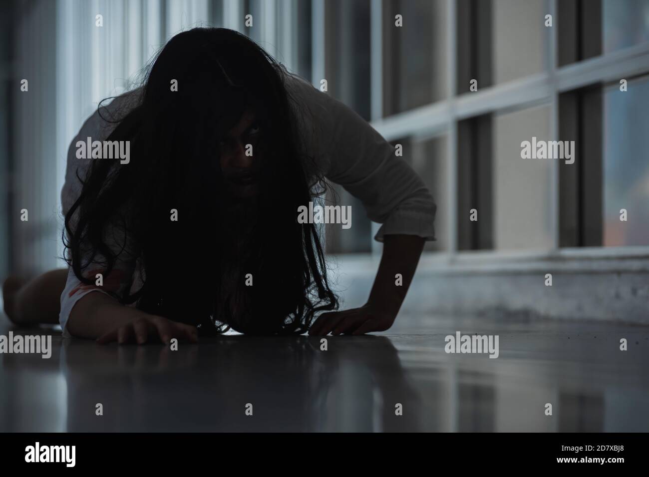 Horror evil woman ghost creepy crawling move slowly creeping out in a ...
