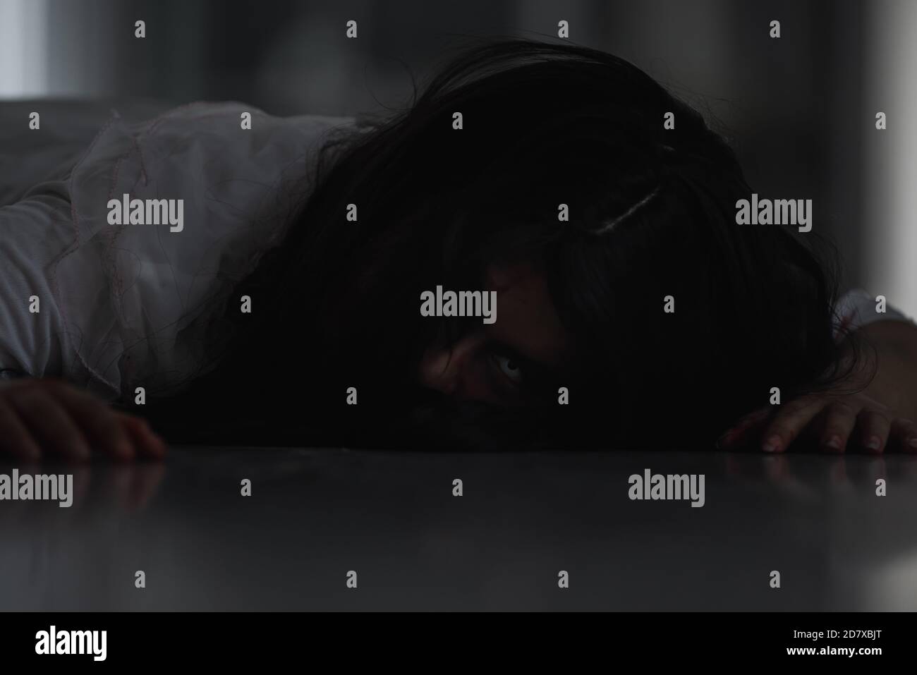 Horror evil woman ghost creepy lying dead in a dark room at house ...
