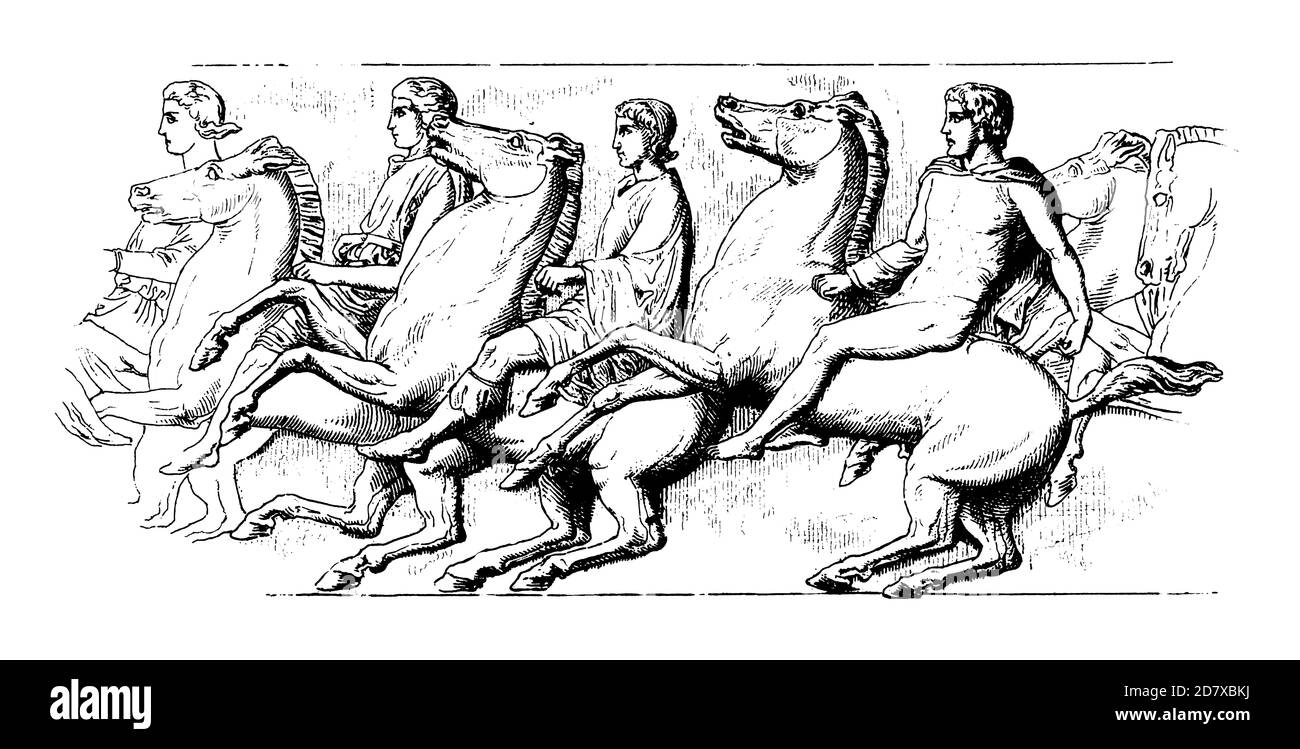 Antique 19th-century illustration depicting relief from the Parthenon ...