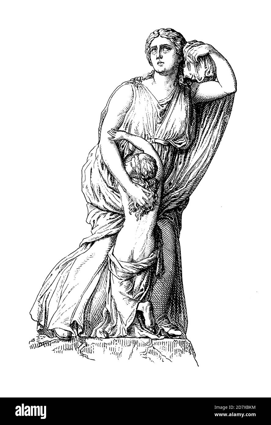 Antique 19th-century engraving of sculpture representing Niobe, Greek ...