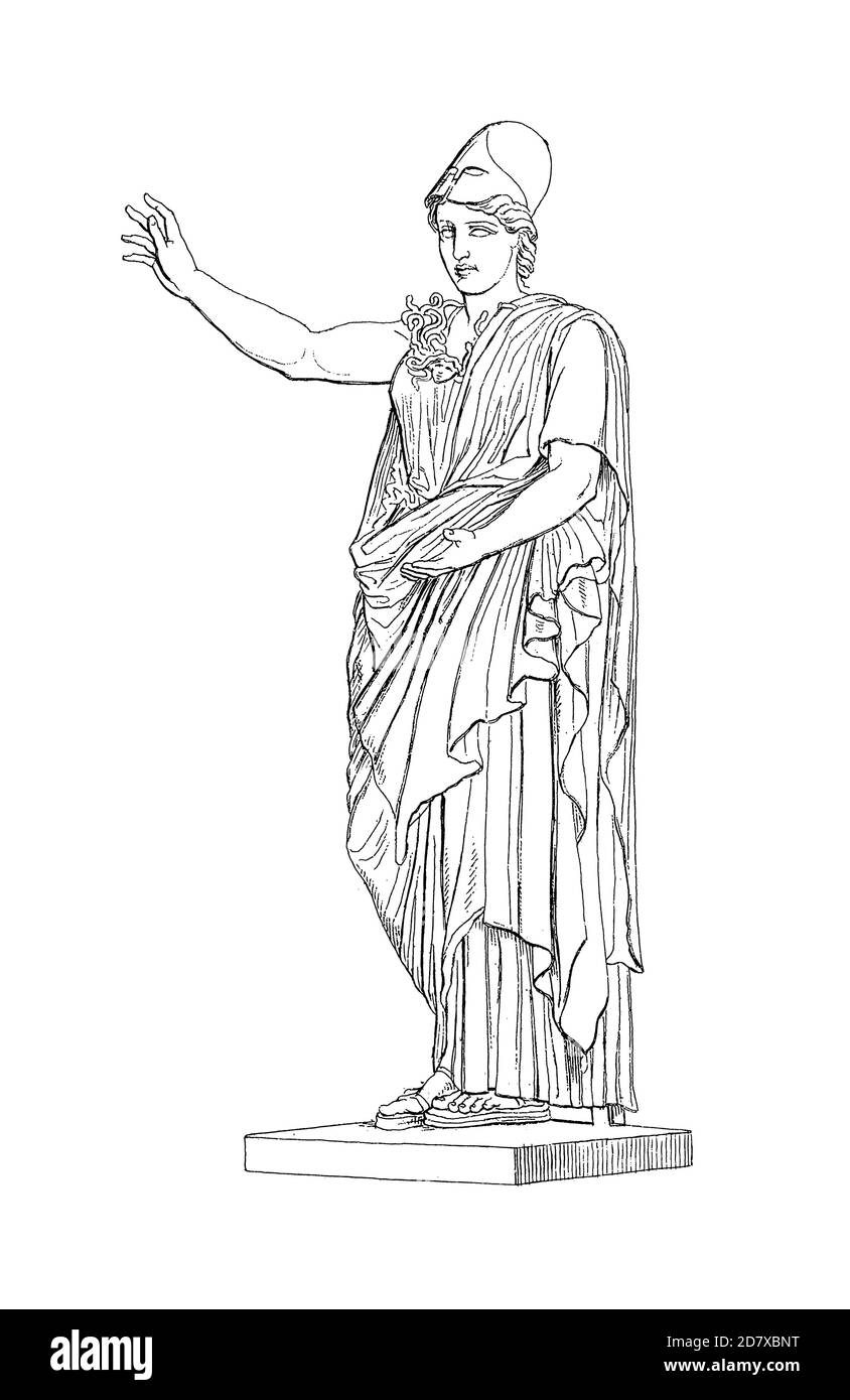 Antique engraving depicting Helmeted Athena, Greek statue by Kresilas ...