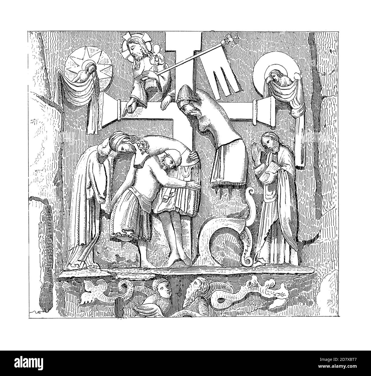 19th-century illustration depicting the Externsteine relief of the ...