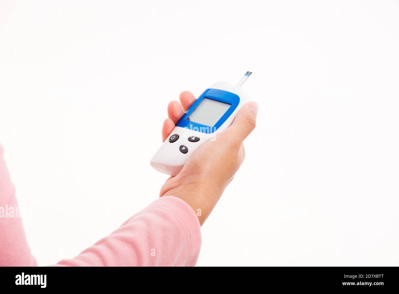 Closeup hand woman measuring glucose test level checking on finger by ...