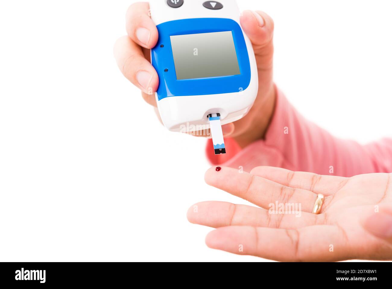 Hands woman measuring glucose test level check with blood on finger by ...
