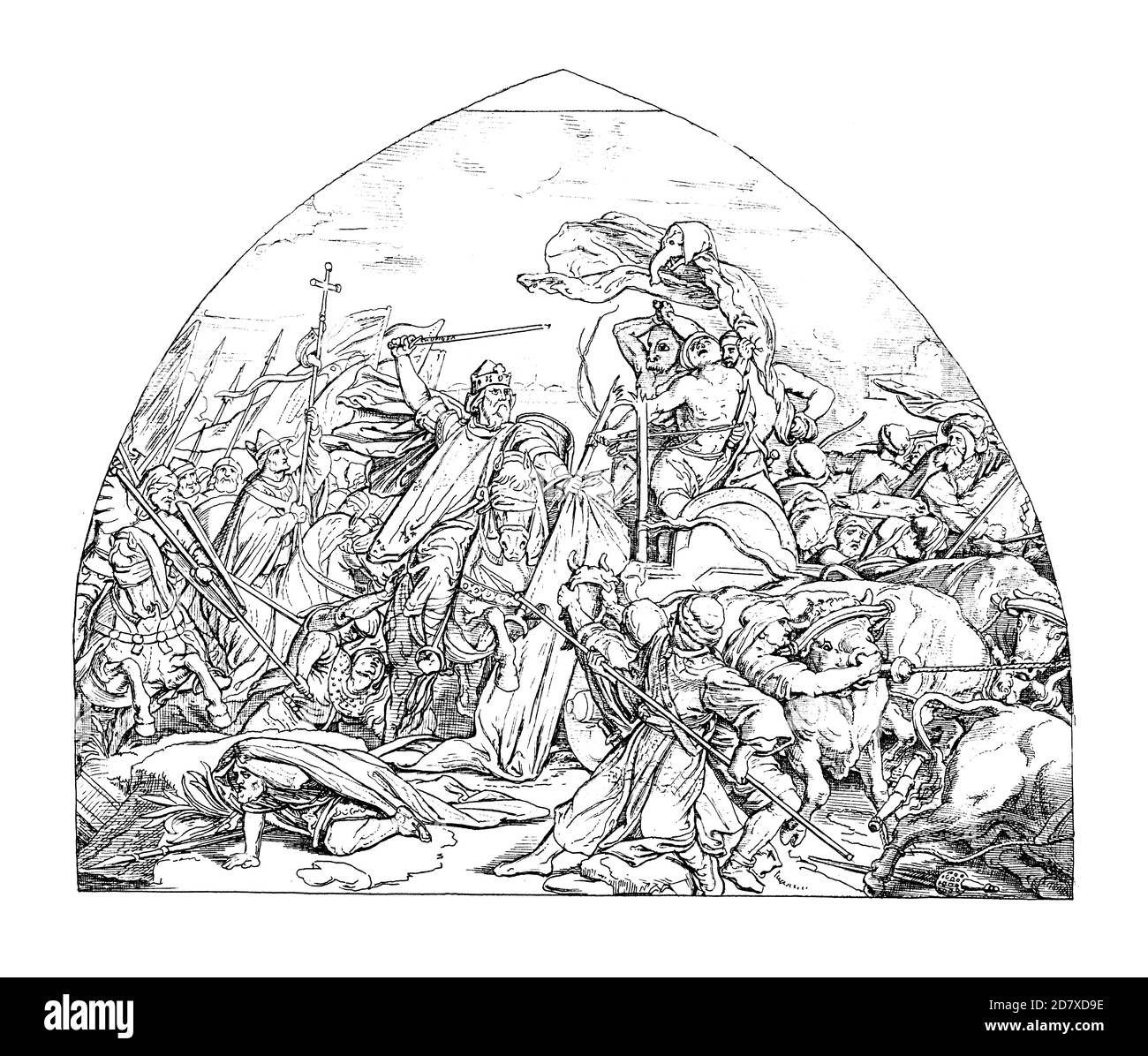 19th-century illustration depicting Charlemagne in the battle of ...