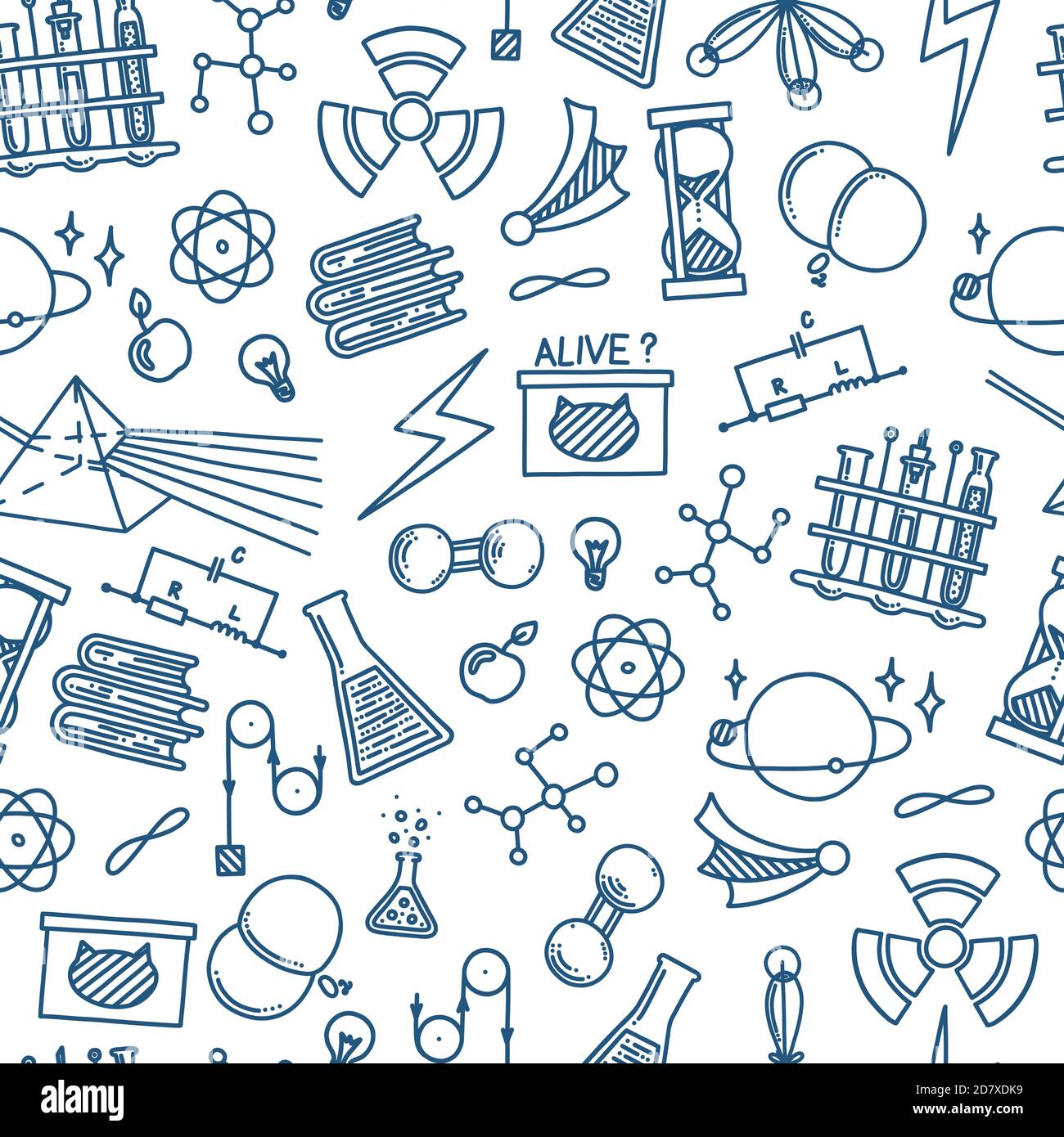 Physics doodle in seamless pattern with light prism, atom and mechanics ...