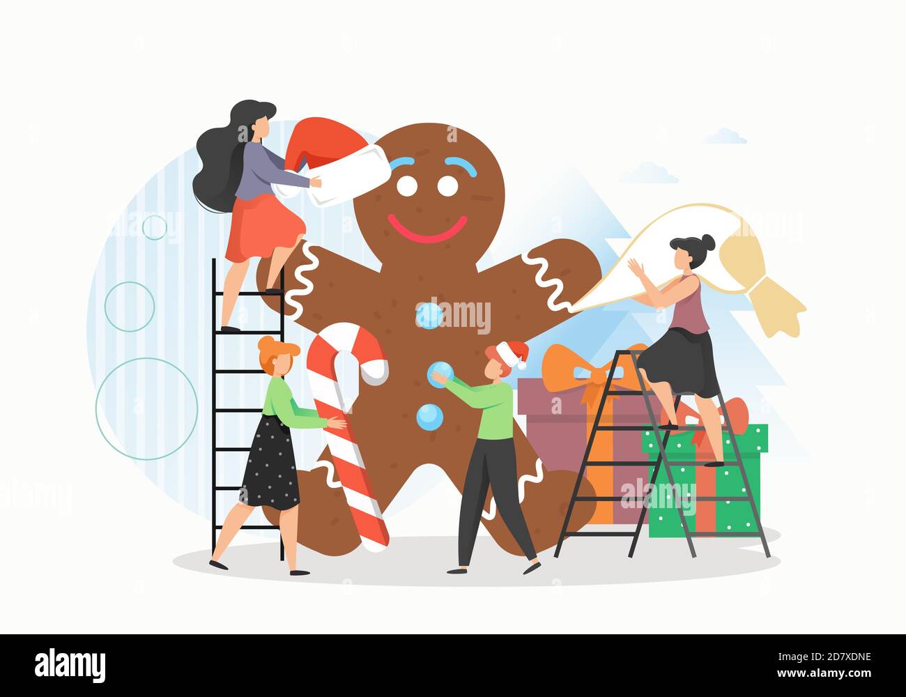 Tiny people making giant gingerbread man, flat vector illustration ...